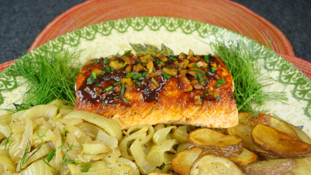 Norwegian Salmon with Fennel Confit, Pommes Frites, Sweet Shallot Port ...
